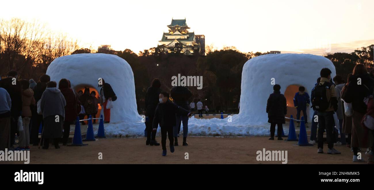 Visitors enjoy staying inside a kamakura, snow dome at Osaka Castle ...