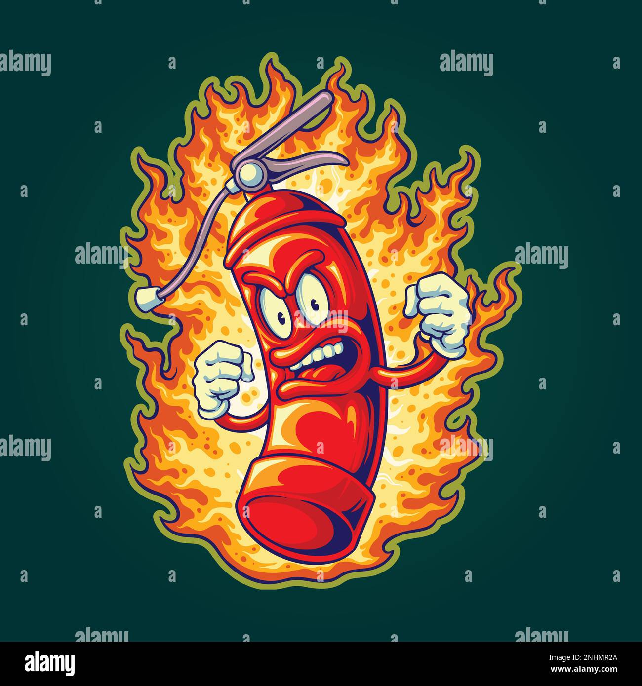 Scary angry flaming fire extinguisher mascot cartoon illustrations ...