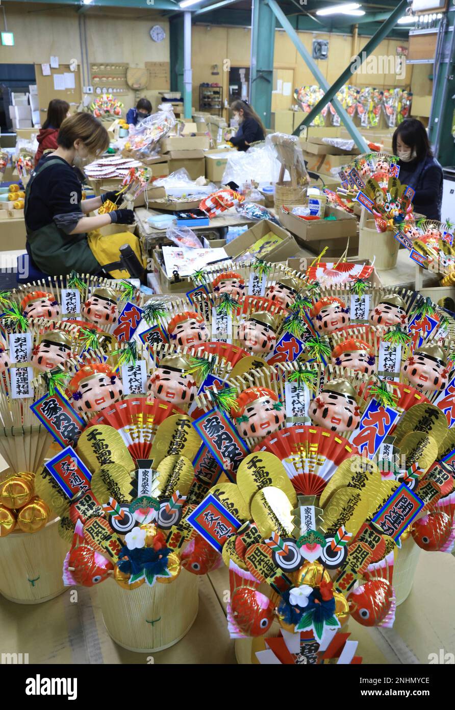 Employees are busy making Fuku-kumade, lucky rakes, in Nara city, Nara ...