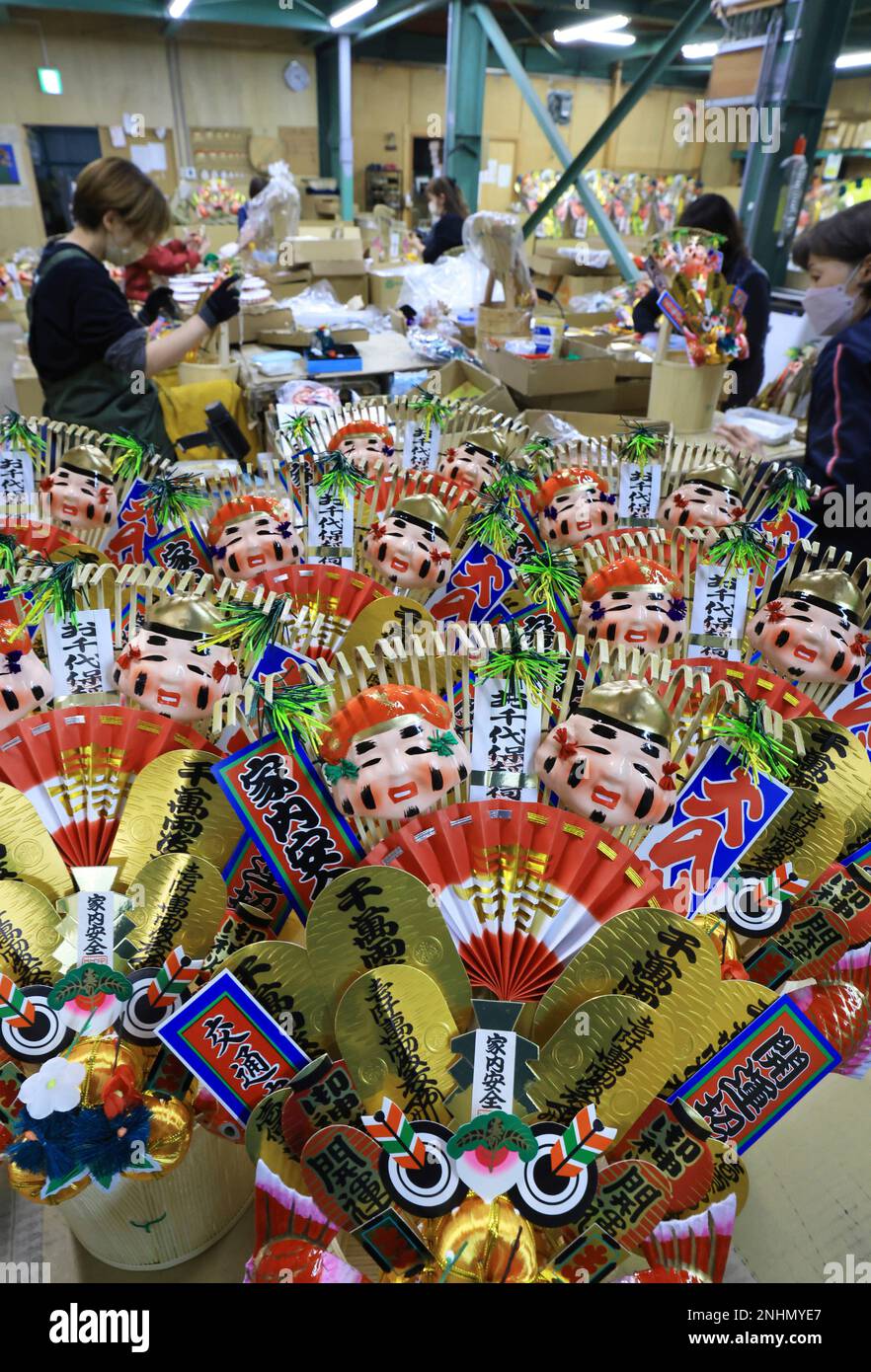 Employees are busy making Fuku-kumade, lucky rakes, in Nara city, Nara ...