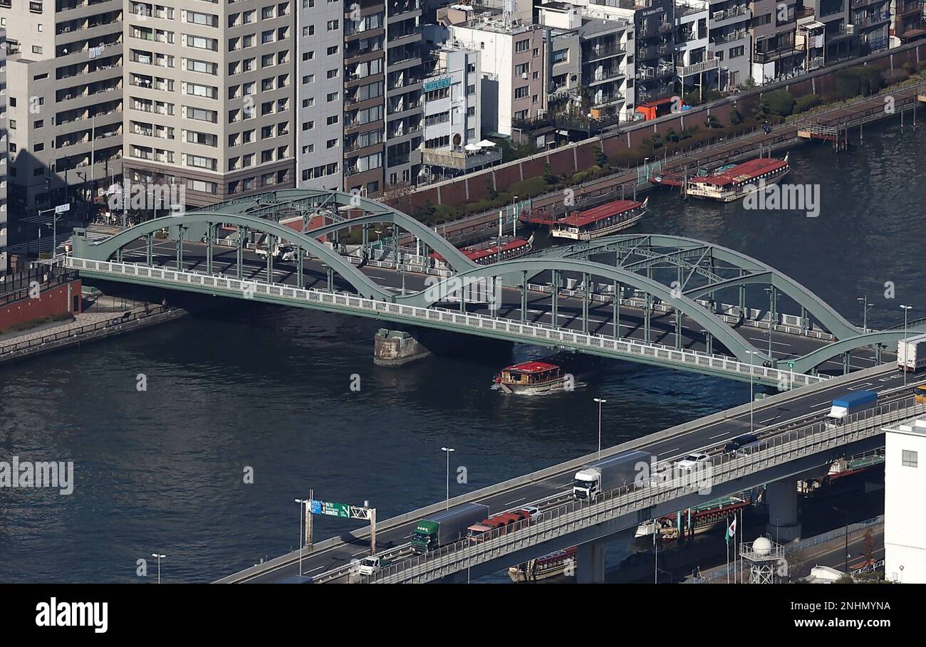 An aerial photo shows Umaya bridge on Sumida-gawa River in Tokyo on Dec ...