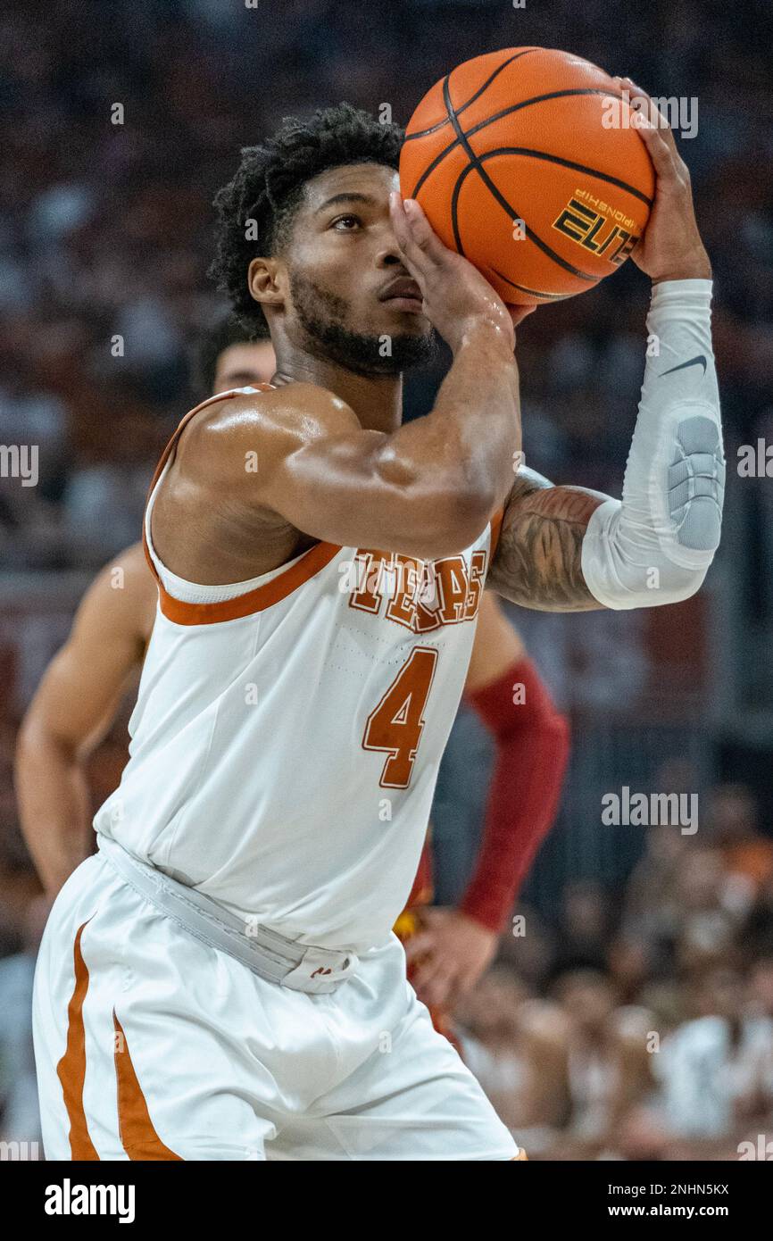 Texas, USA. 21st Feb, 2023. Tyrese Hunter #4 of the Texas Longhorns in ...