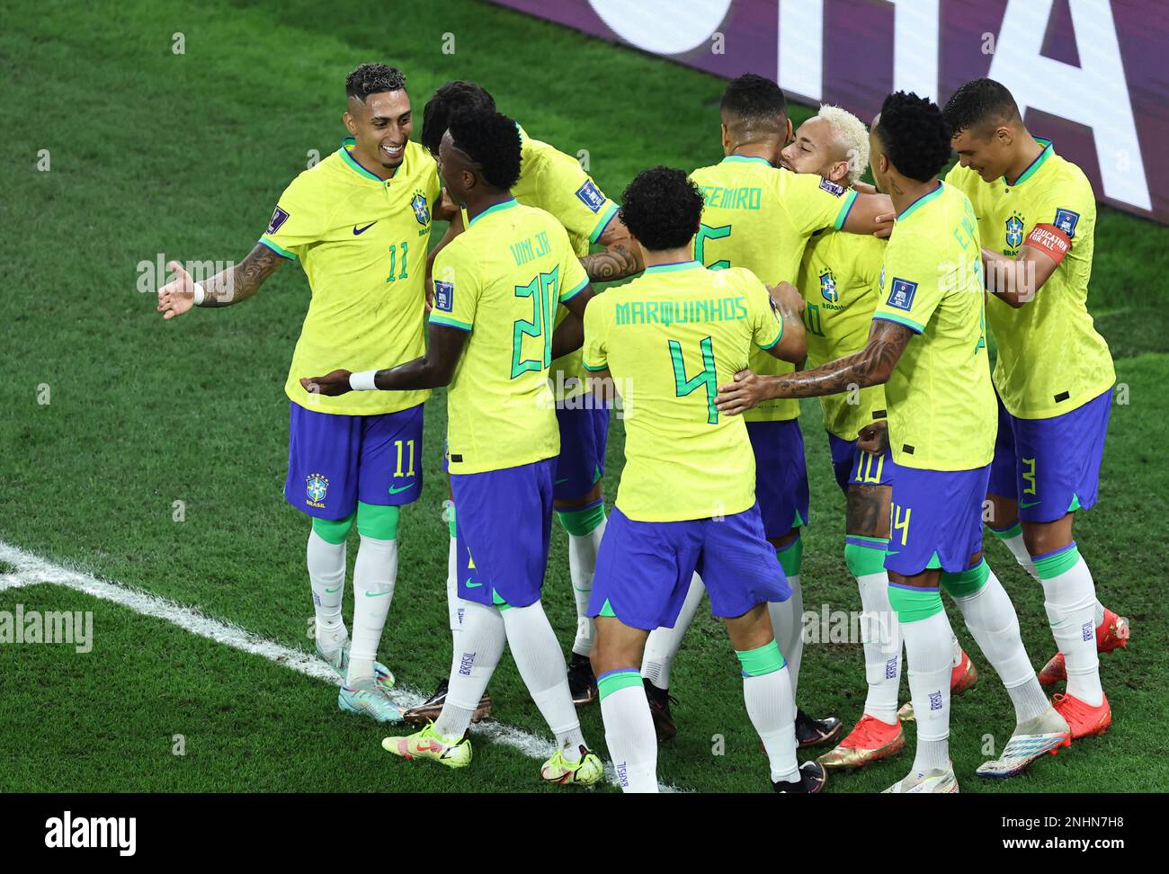 Brazil's players celebrate for a goal during the FIFA World Cup Qatar ...