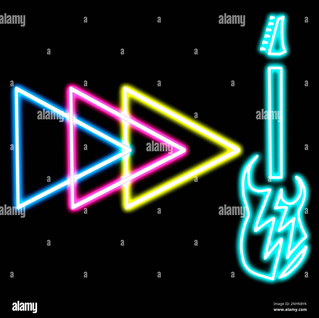 guitar with 3 play icons blue ping and yellow, in a black background ...