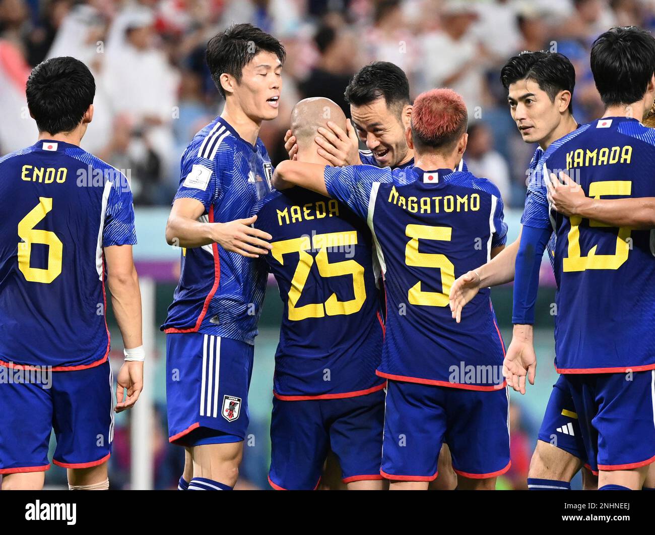 Japan's Daizen Maeda (25) hugs Maya Yoshida after opening a goal during ...