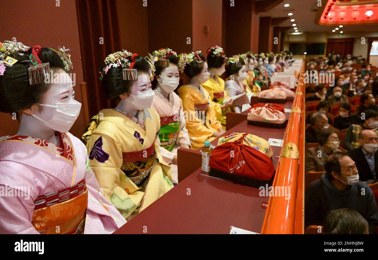 Maiko and Geiko wearing masks visit Minamiza theater to view Kabuki ...
