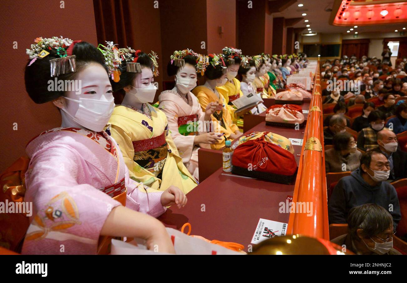 Maiko and Geiko wearing masks visit Minamiza theater to view Kabuki ...
