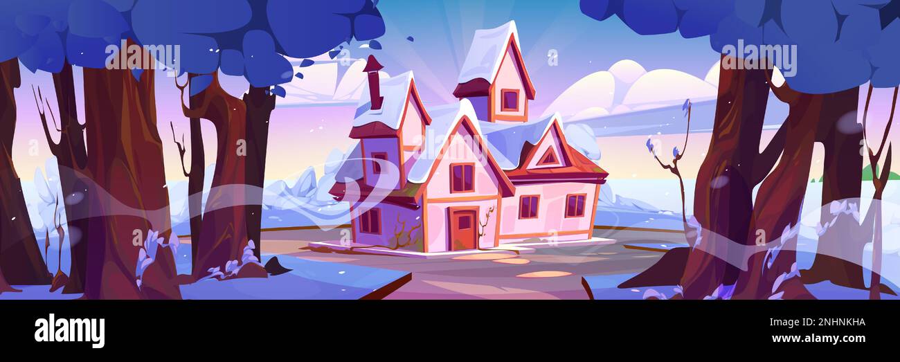 Winter landscape with snowy forest and village house. Nature scene with ...