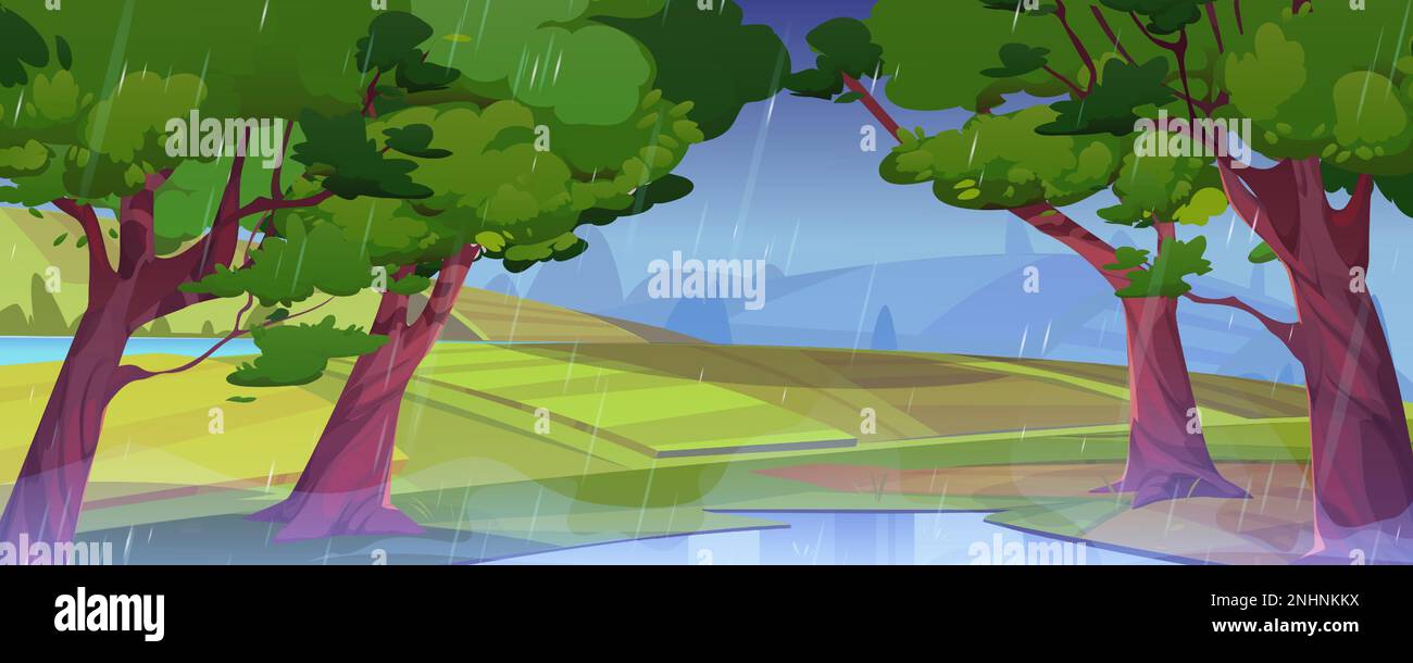 Summer rainy landscape with farm fields, forest and river. Rural fall ...