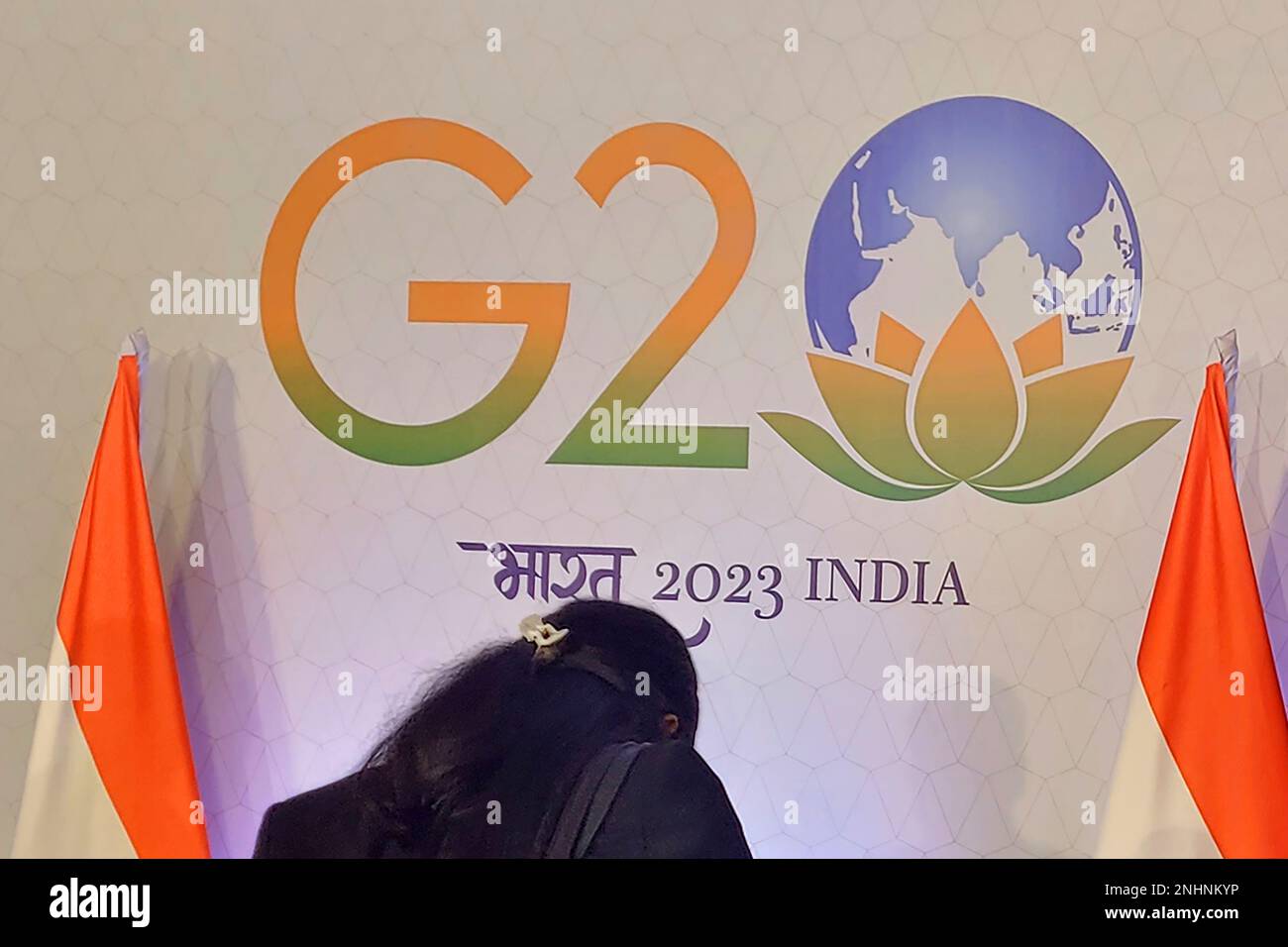 Indian flags stand next to the G20 signage at the venue of a press ...