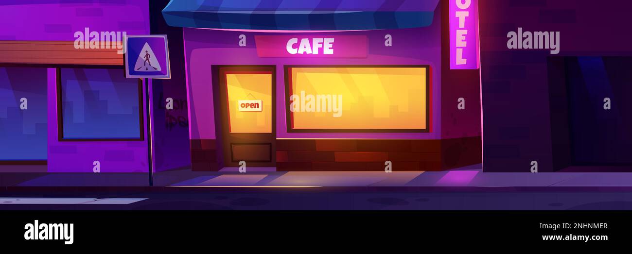 Front cafe facade at night cartoon vector background. Storefront ...