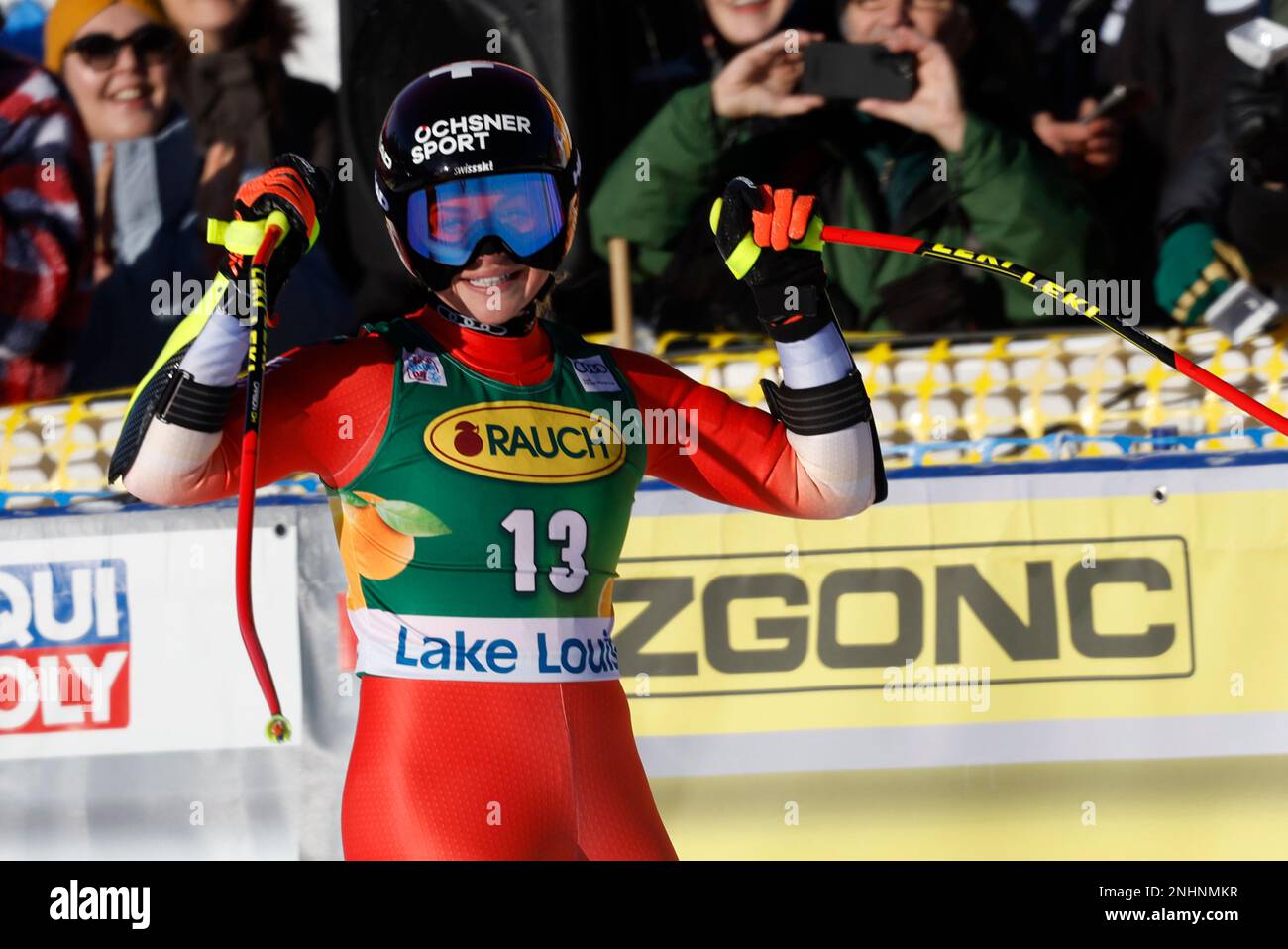 Switzerland's Corinne Suter reacts in the finish area following her run ...