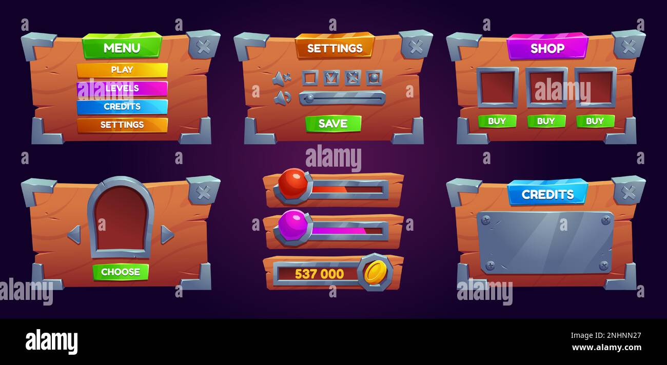 Set of wooden boards with iron corners for game ui design isolated on ...