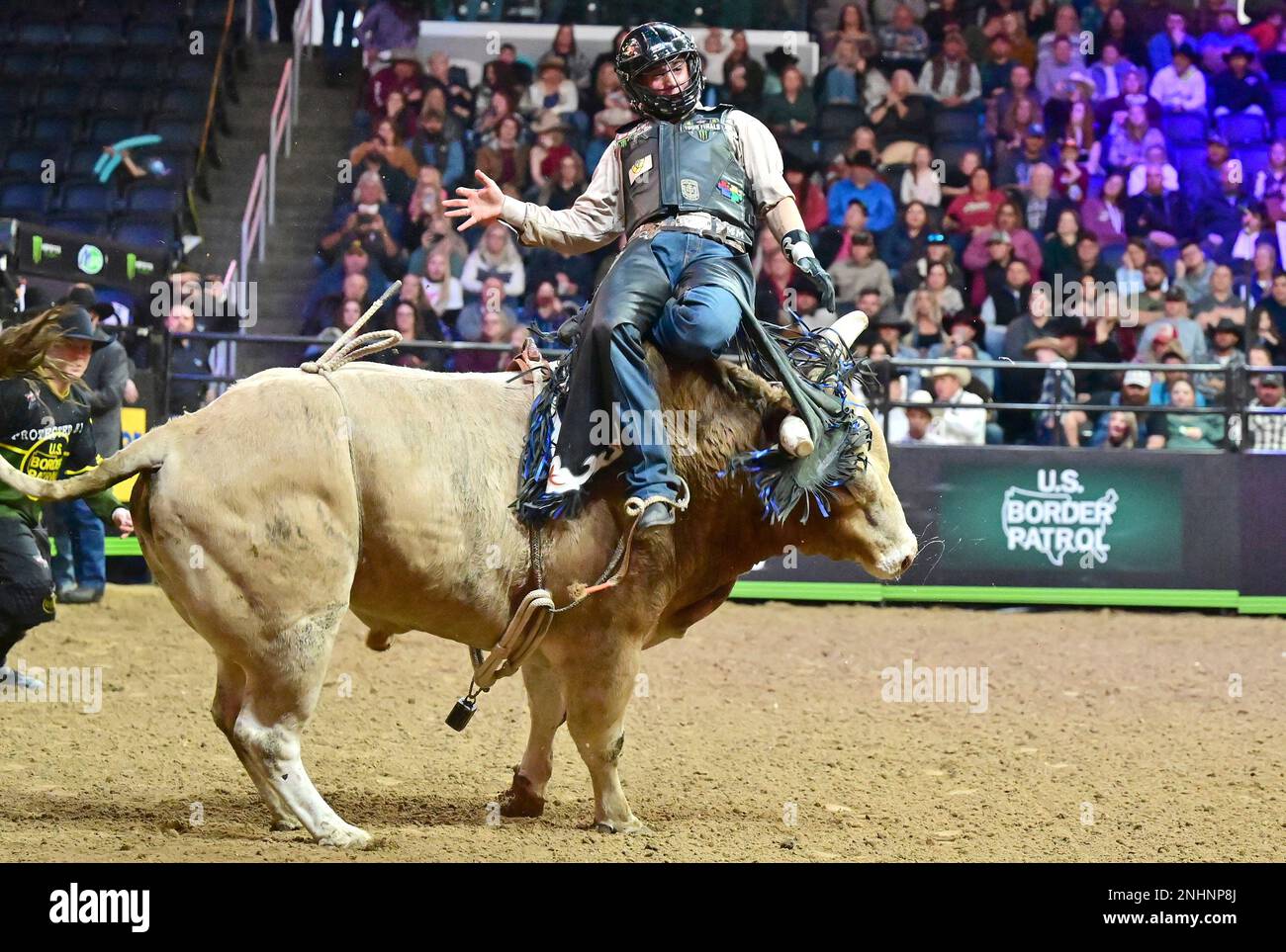 ST. LOUIS, MO - DECEMBER 03: Bullrider Mauricio Gulla Moreira struggles to stay on the bull God ...