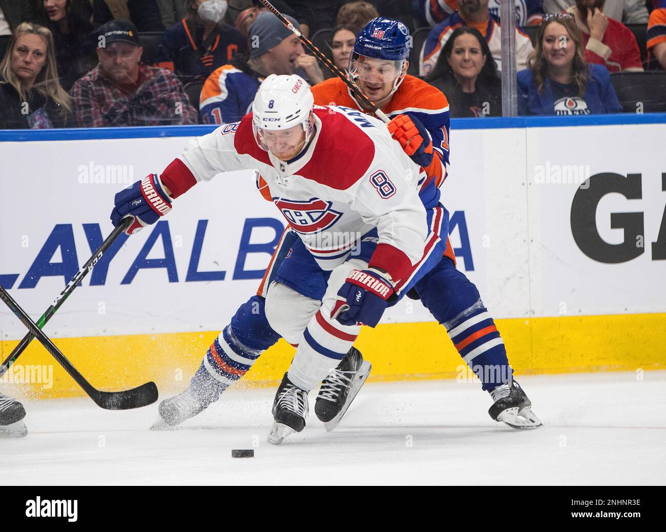Montreal Canadiens' Mike Matheson (8) and Edmonton Oilers' Zach Hyman ...