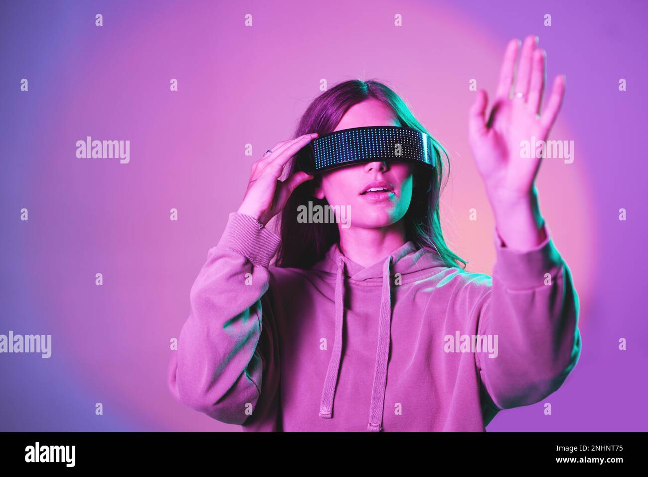 Woman, vr and futuristic cyberpunk glasses on metaverse app for online ...