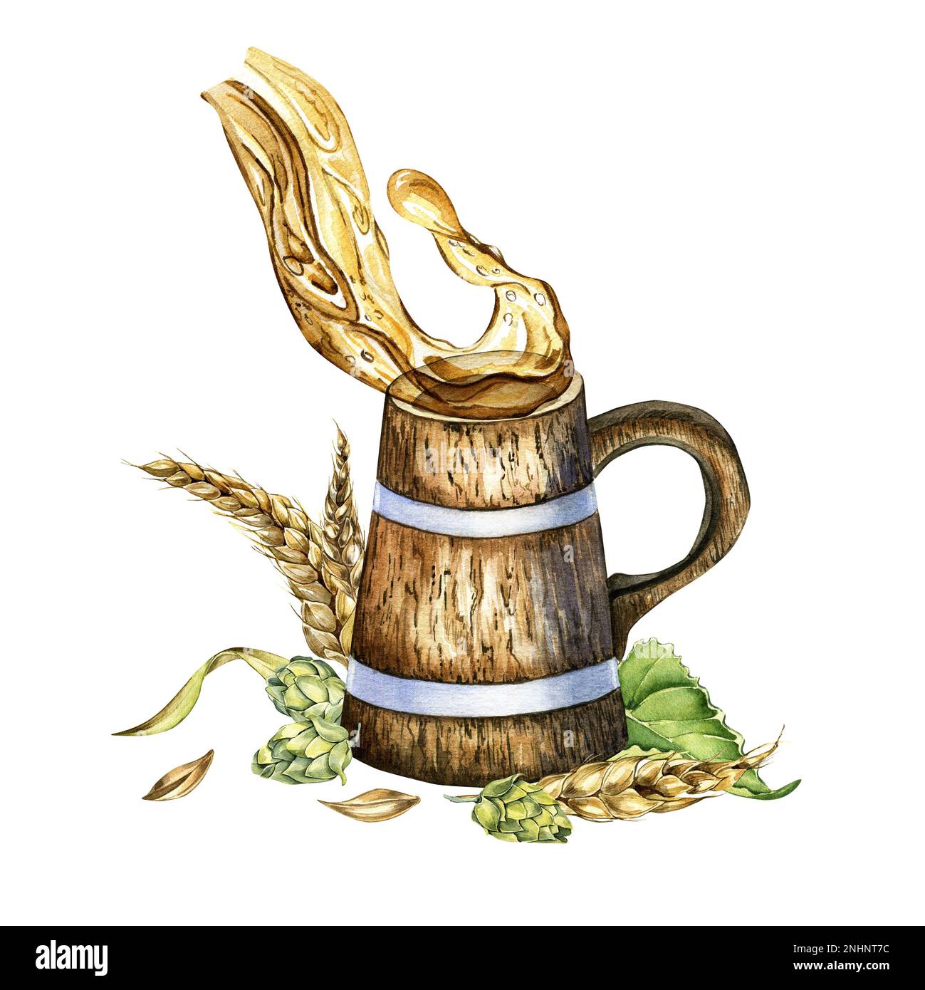 Composition with wooden mug, hop cones, wheat ears and beer splash ...