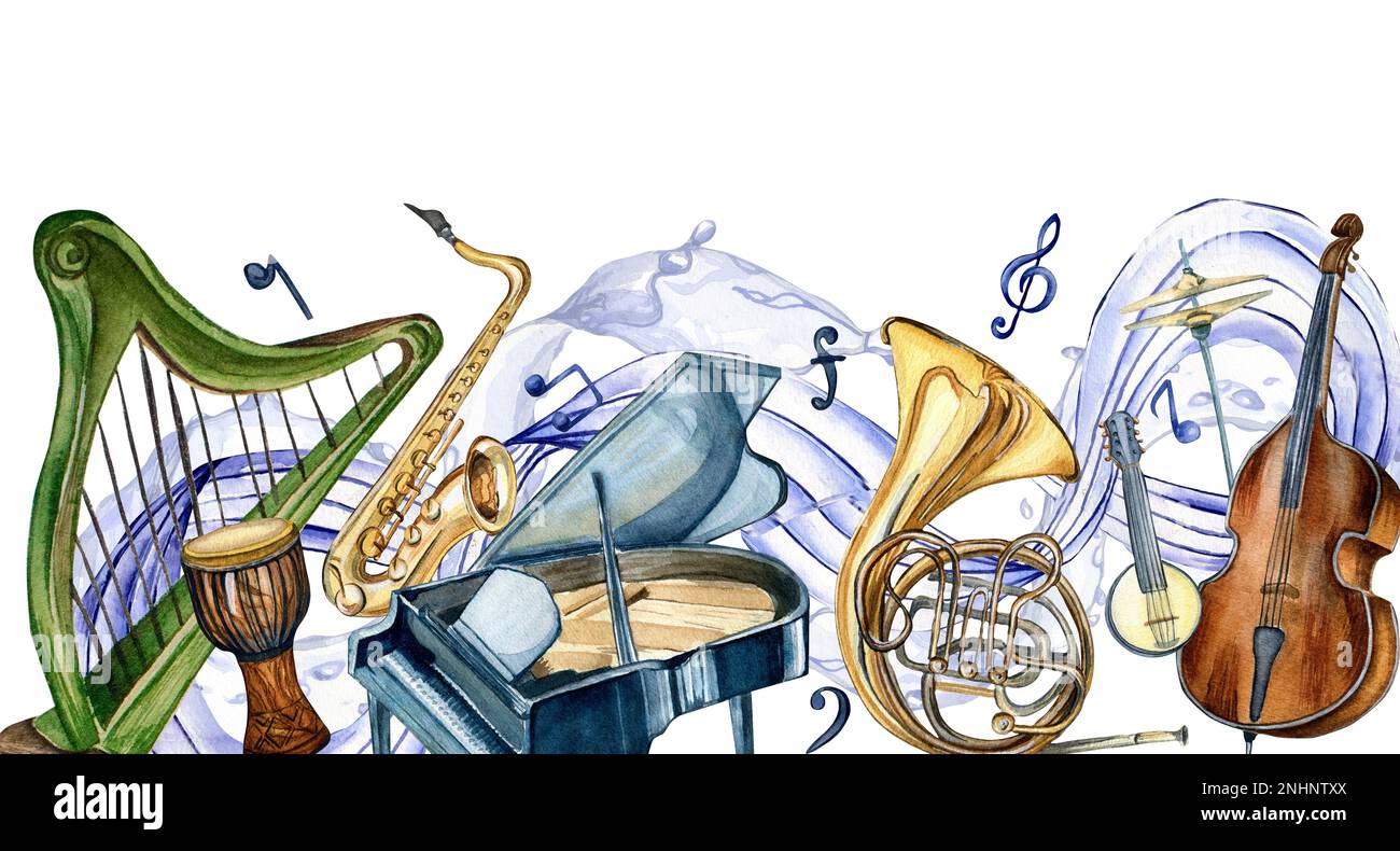 Board of musical instruments and note wave watercolor illustration ...