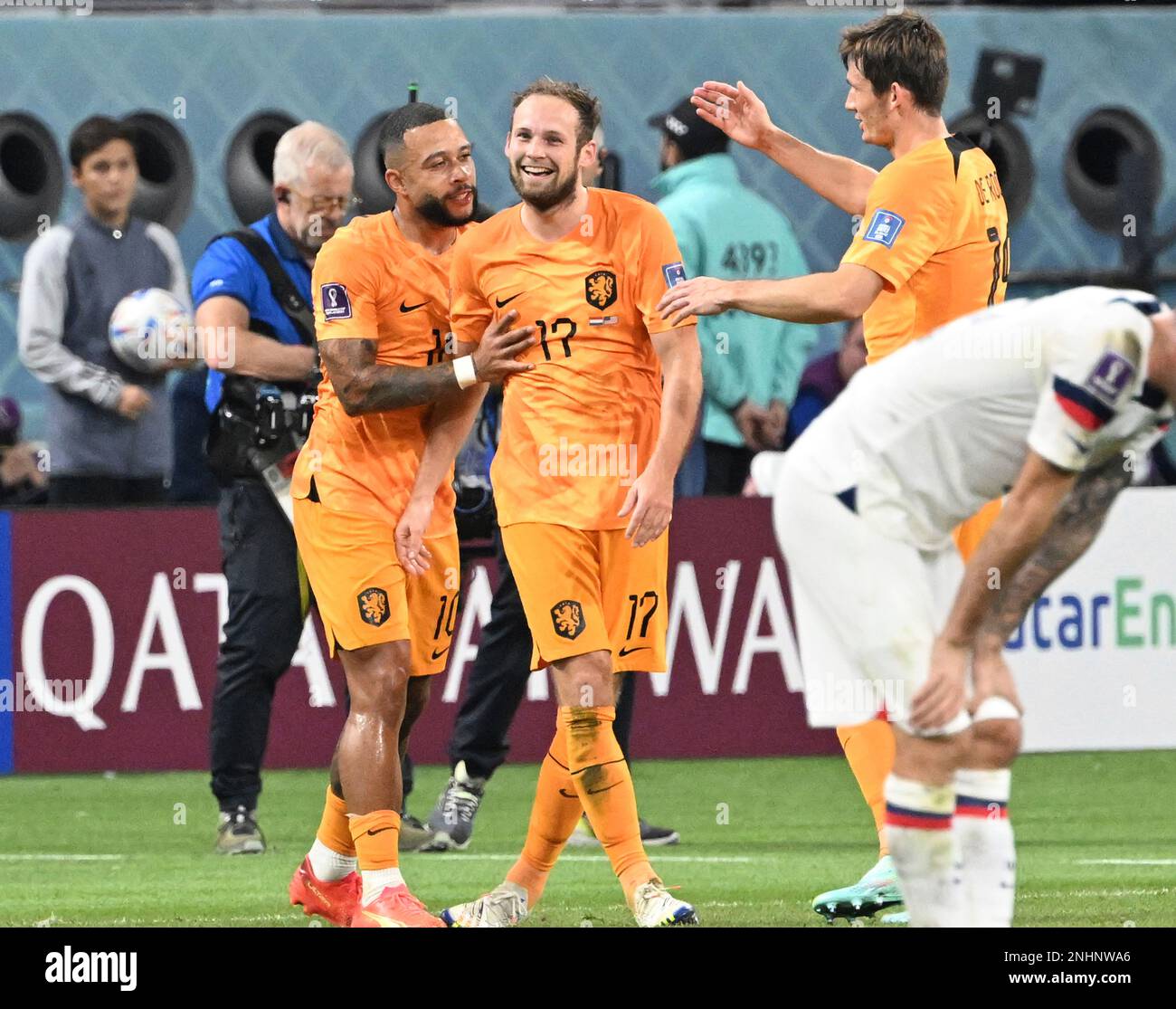 Netherlands' Daley Blind (C, 17) celebraes after adding a goal during ...