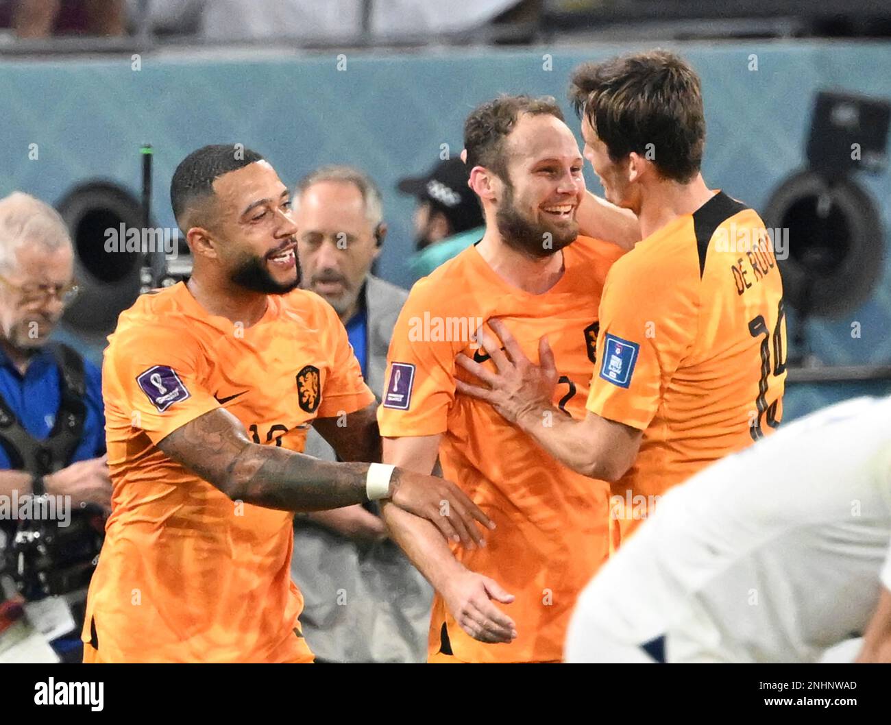 Netherlands' Daley Blind (C, 17) celebraes after adding a goal during ...