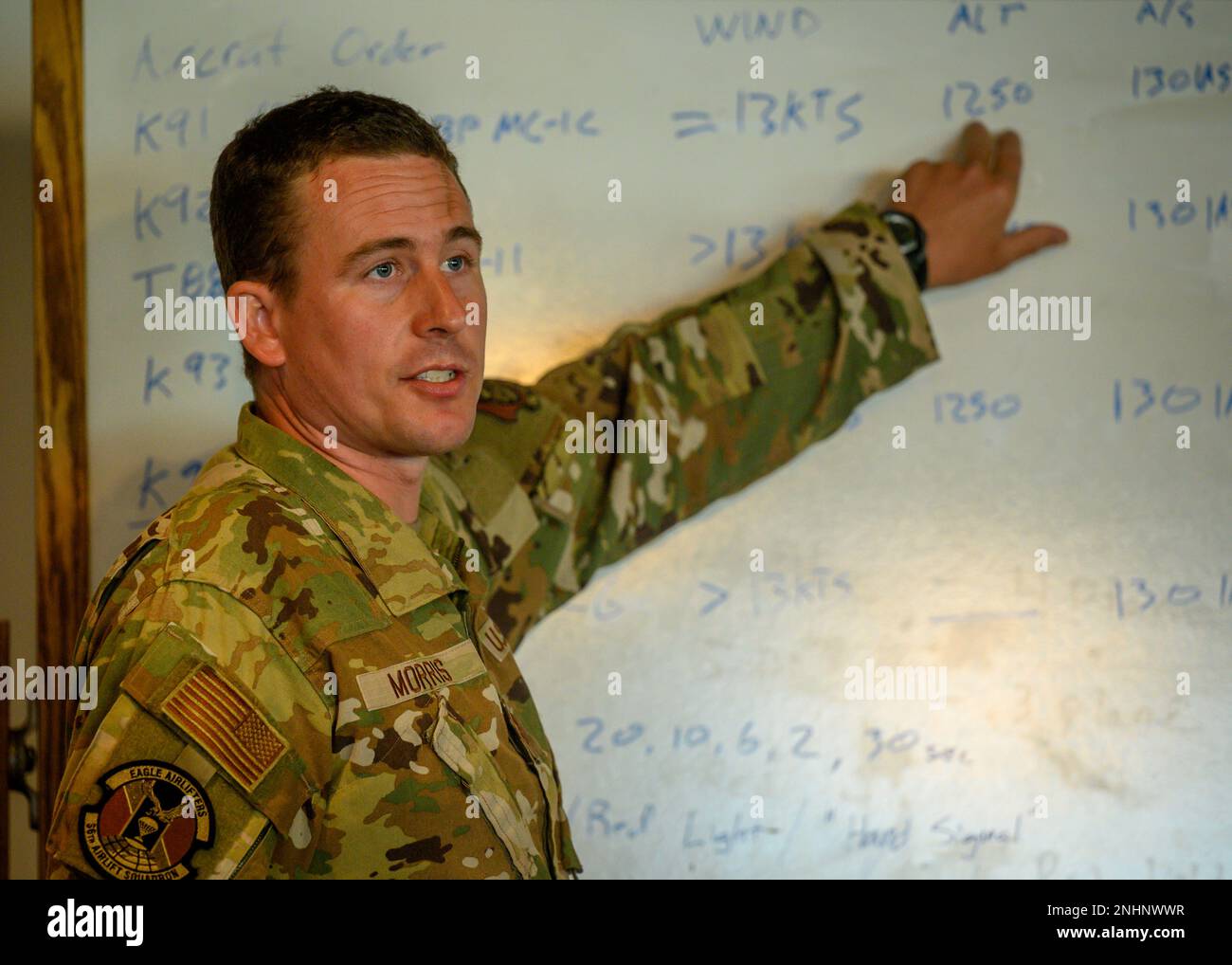 Maj. Andrew Morris, 36th Airlift Squadron C-130J co-pilot, briefs ...