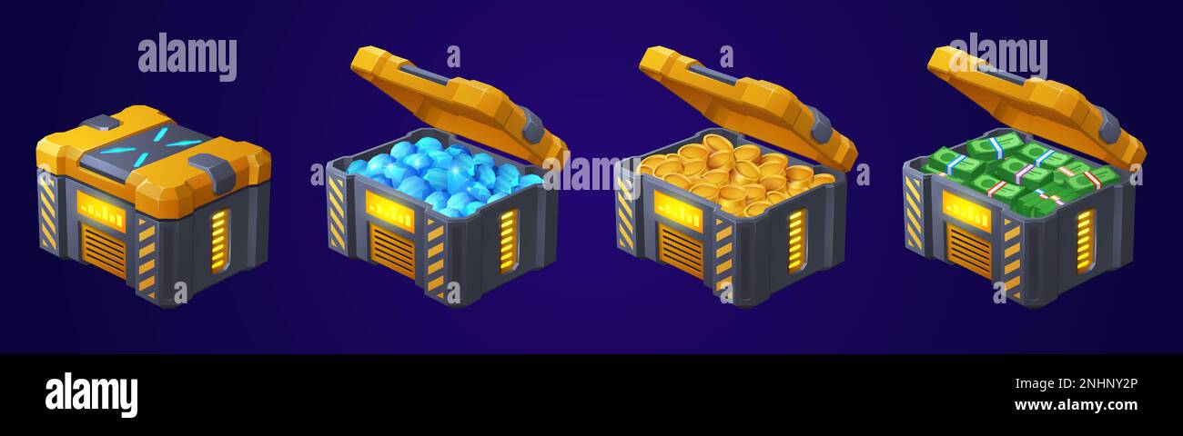 Game icons of futuristic boxes with money and diamonds. Sci-fi game ...