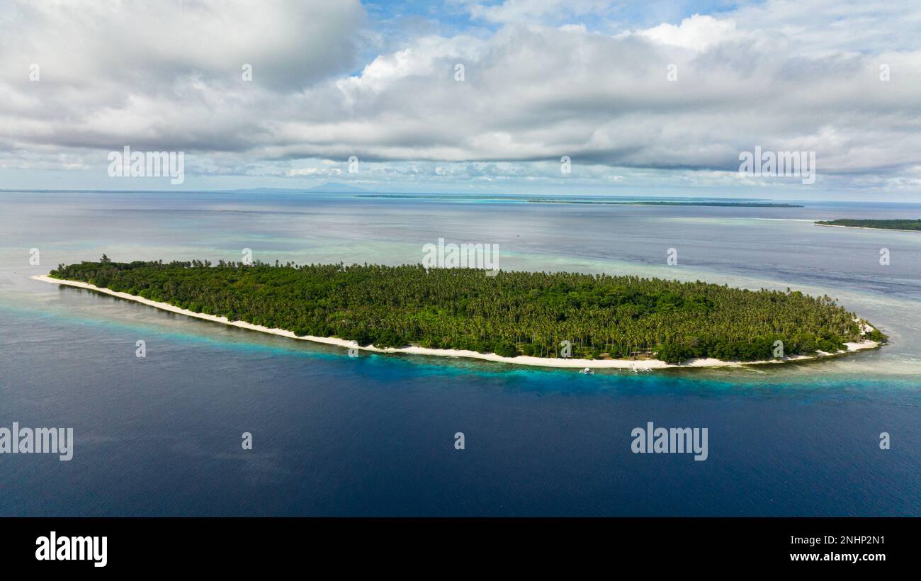 Tropical island in the blue sea with a coral reef and the beach ...