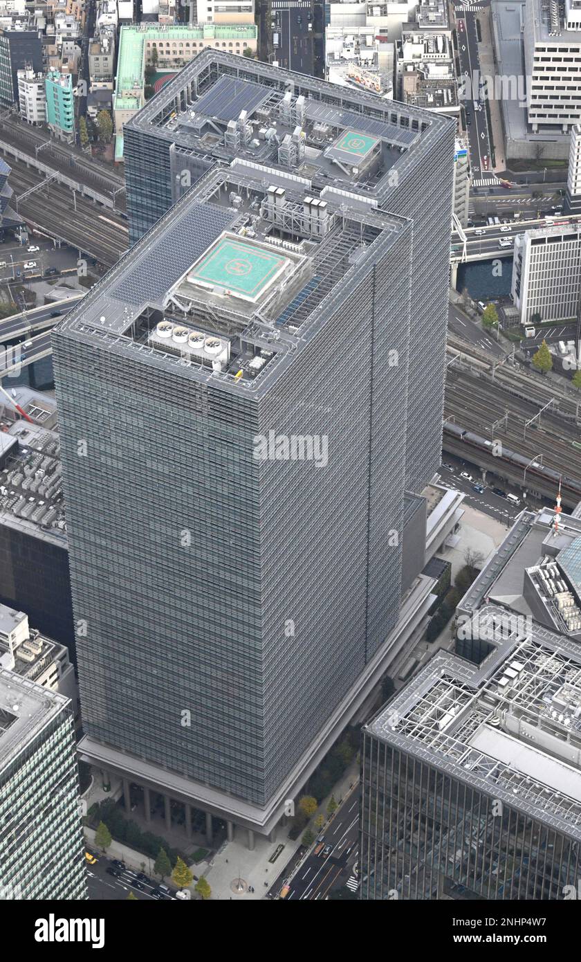 An aerial photo shows a skyscraper, Otemachi PLACE, in Otemachi, Tokyo ...