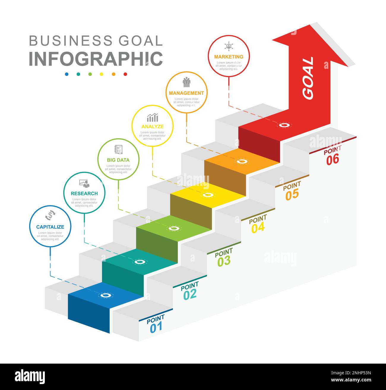 Infographic business template. 6 Steps Modern Stair diagram with arrow ...