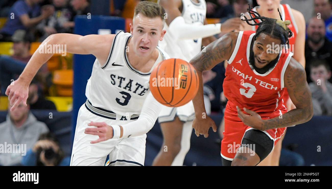 Utah State guard Steven Ashworth, left, and Utah Tech guard Cameron ...