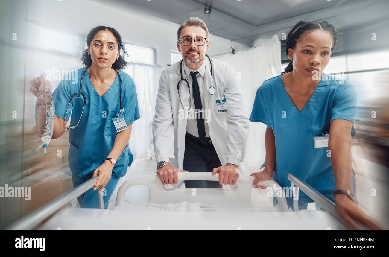Doctor, team and rush in healthcare emergency for surgery or operation ...