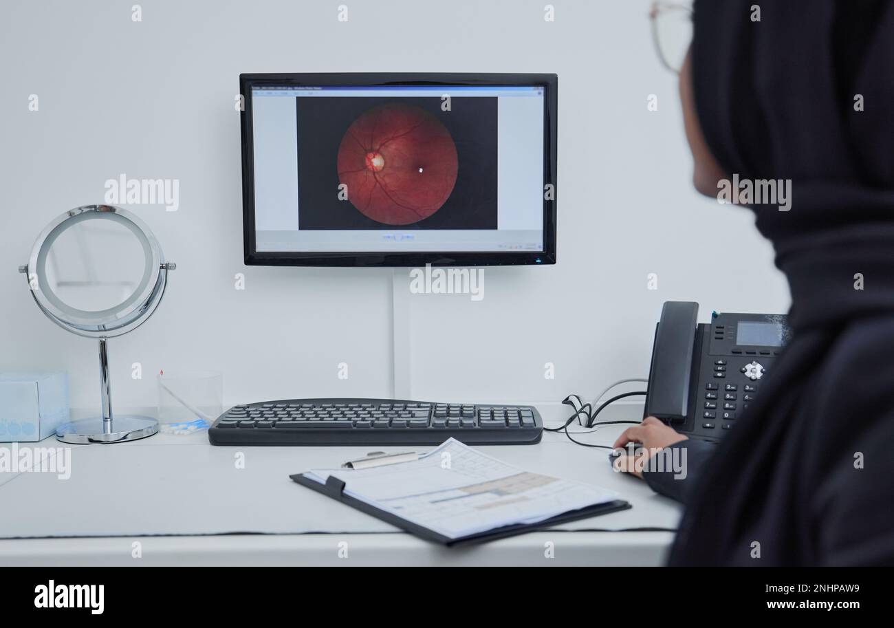 Eye analysis, optometry and a doctor with a computer for research on a ...