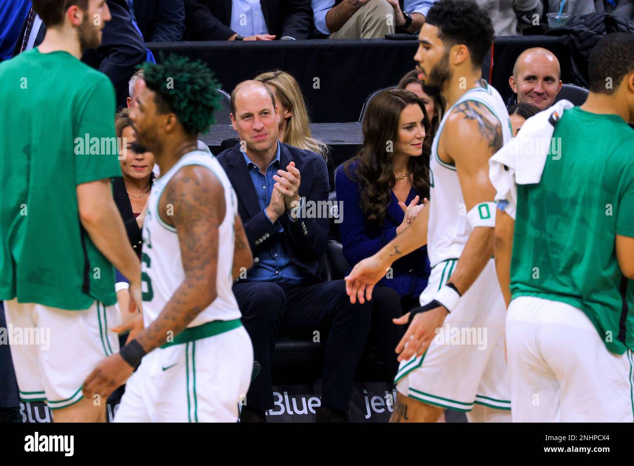 Britain's Prince William and Kate, Princess of Wales, attend the NBA basketball game between the ...