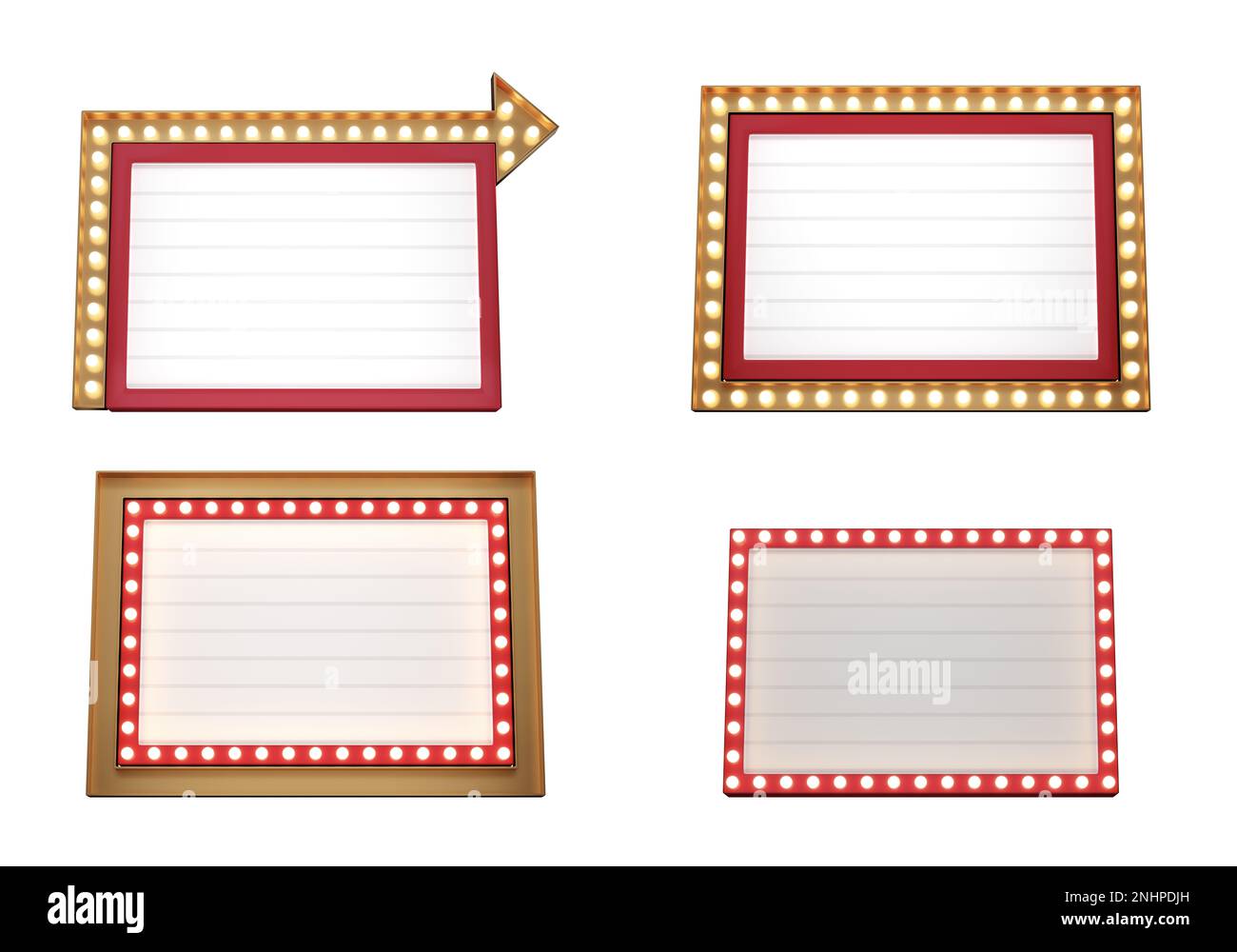 Set of 3d retro red and gold signboard with glowing yellow light bulb ...