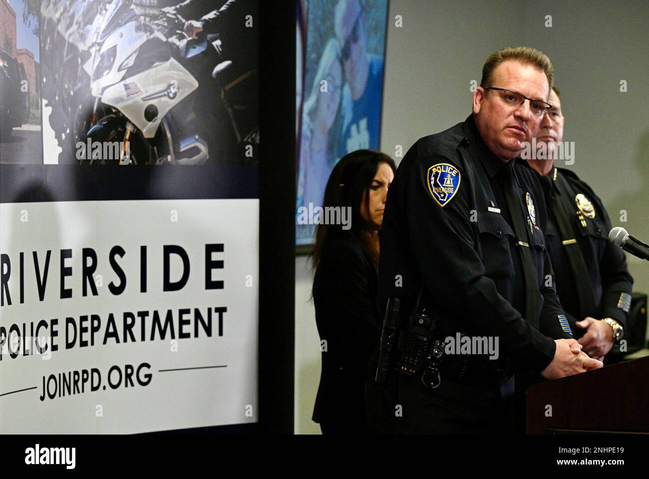 Riverside Police Public Information Officer Ryan Railsback speaks at a ...