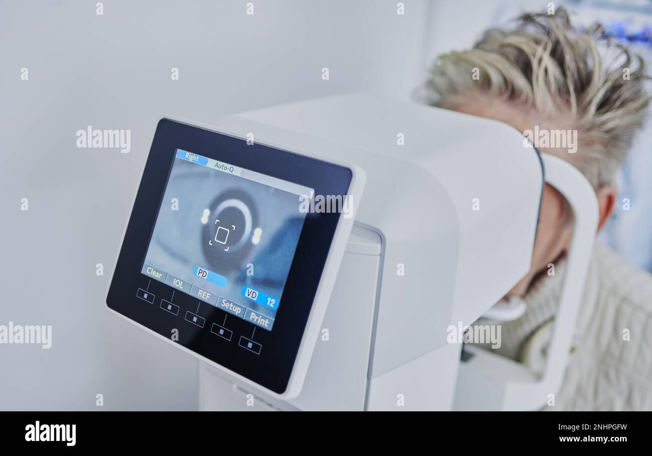 Optometry, machine and woman with vision test, eye correction and ...