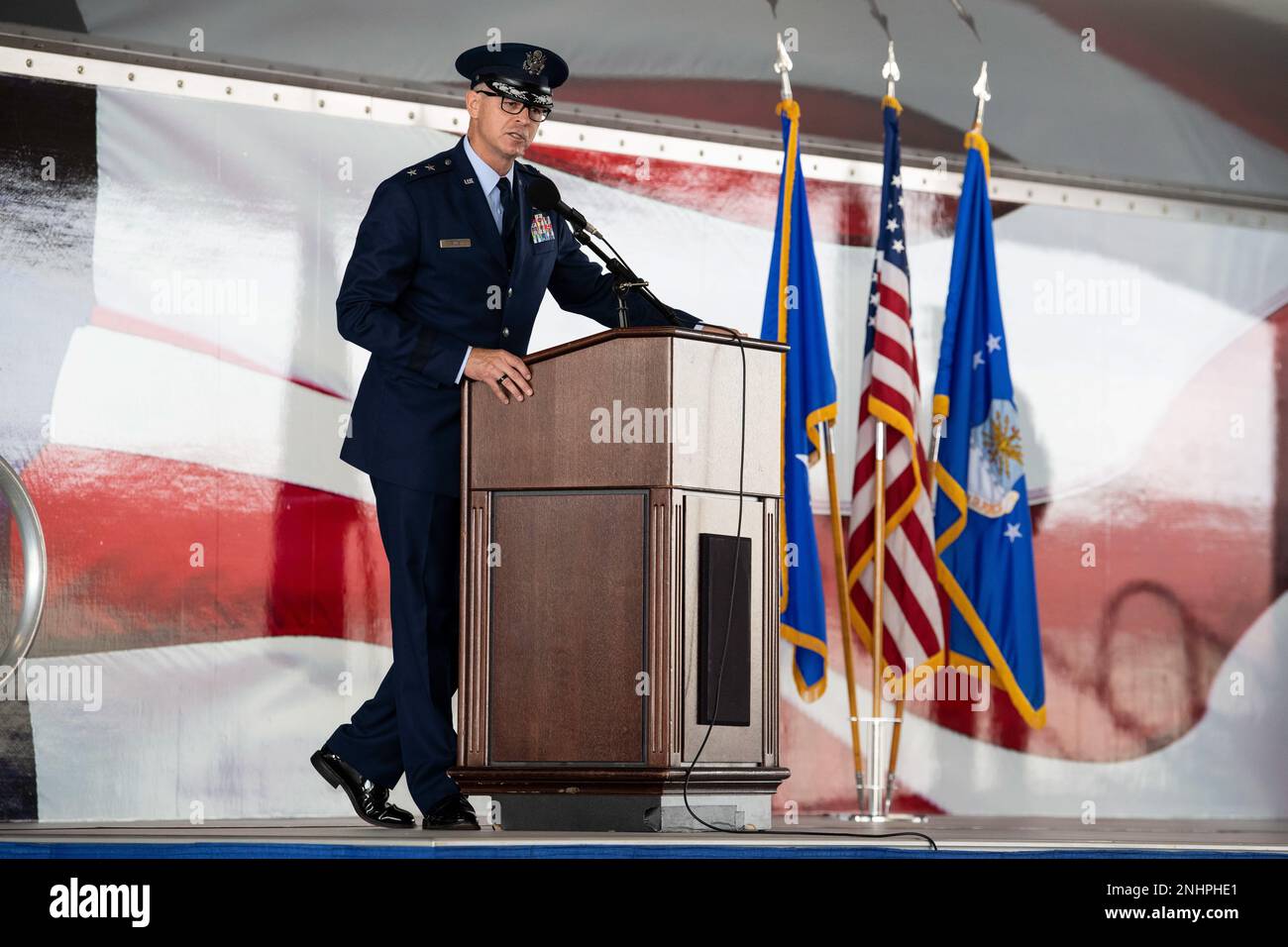 U.S Air Force Maj. Gen. Craig Wills, 19th Air Force commander, speaks ...