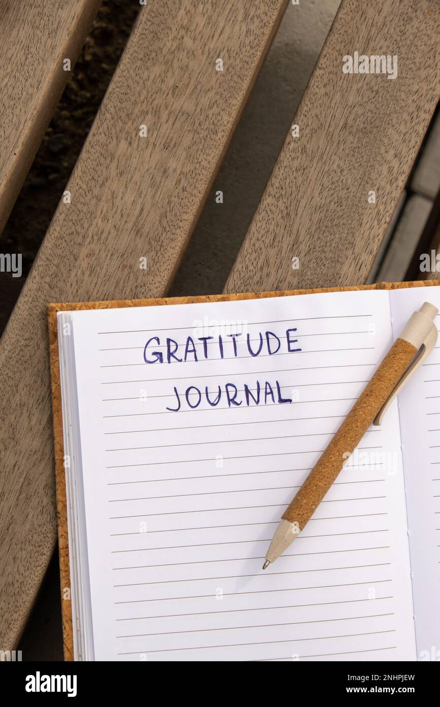 Writing Gratitude Journal on wooden bench. Today I am grateful for ...