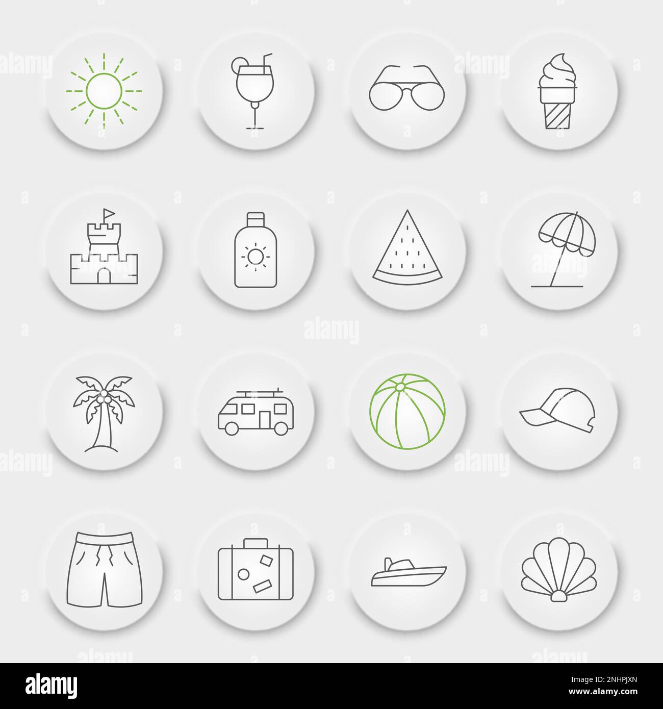 Summer Line Icon Set Beach Collection Vector Graphics Neumorphic Ui Ux Buttons Travel Vector
