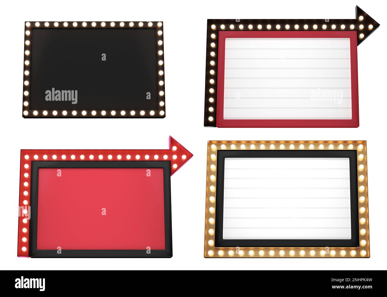 Set of 3d retro black, red and gold signboard with glowing yellow light ...