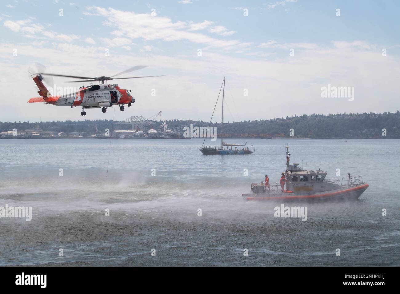 A U.S. Coast Guard MH-60 Jayhawk helicopter conducts a search and ...