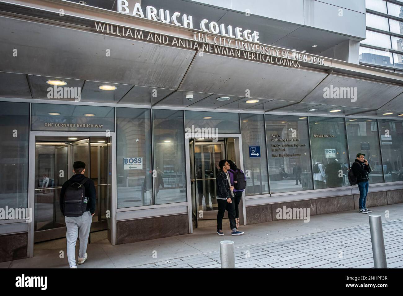 USA. 21st Feb, 2023. Front entrance to Baruch College in Manhattan ...