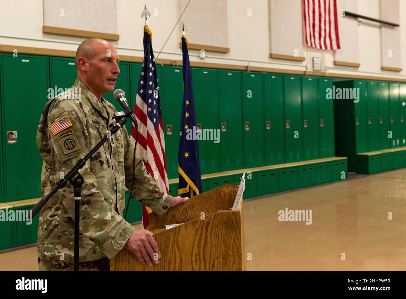 Alaska Army National Guard Command Sgt. Maj. Ryan Weimer delivers his ...