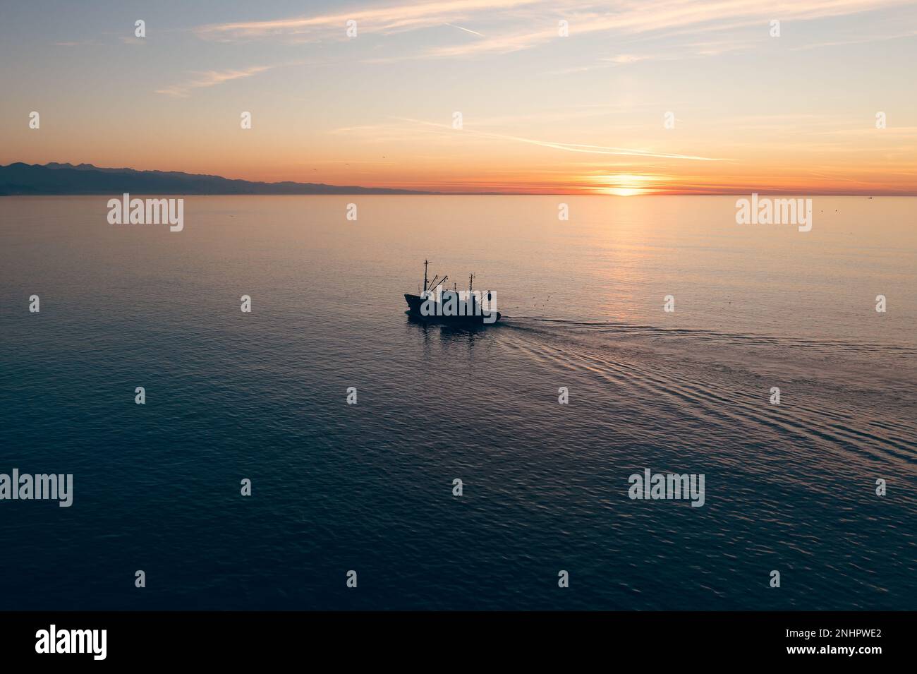 Small Fishing Boat catch fish, aerial Top View from drone. Industrial ...