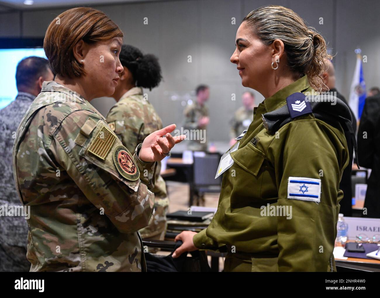 Chief Master Sgt. of the Air Force JoAnne S. Bass speaks with an ...
