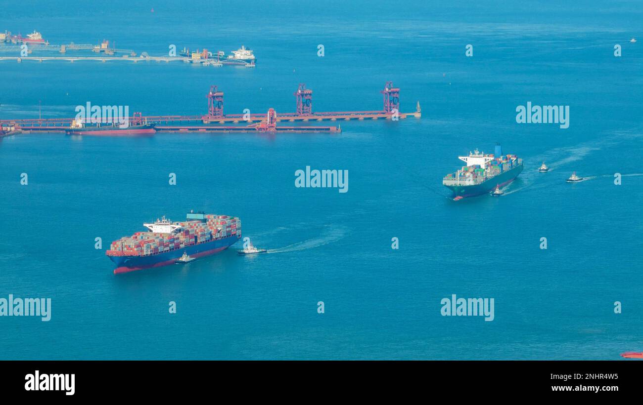 Aerial photo shows the busy scene of Qianwan container terminal at ...