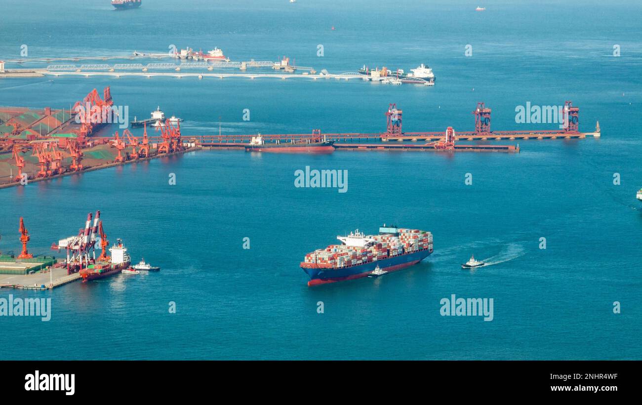 Aerial photo shows the busy scene of Qianwan container terminal at ...