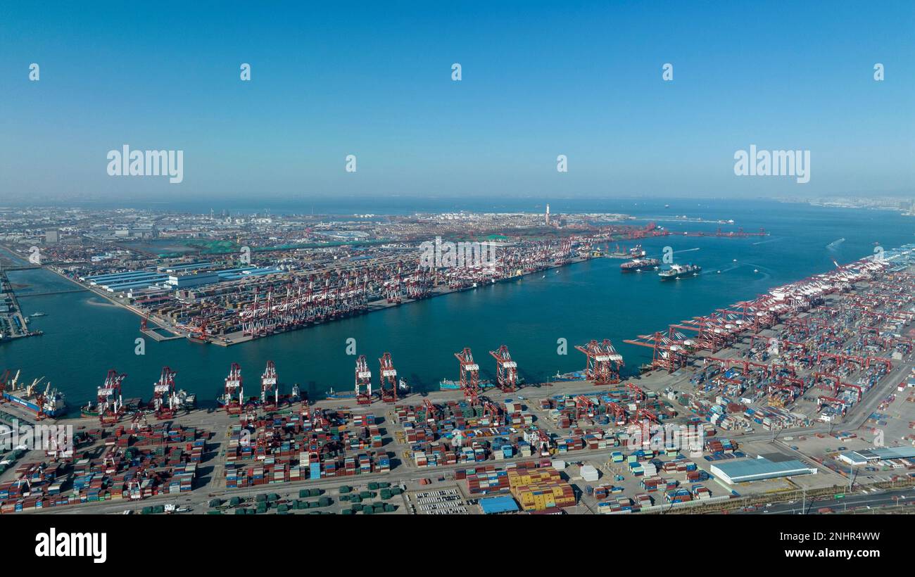 Aerial photo shows the busy scene of Qianwan container terminal at ...