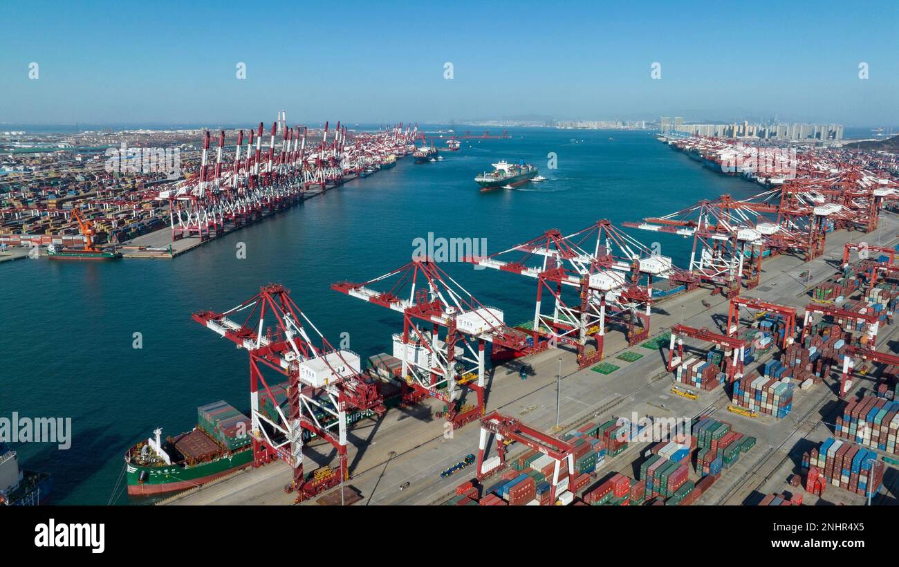 Aerial photo shows the busy scene of Qianwan container terminal at ...
