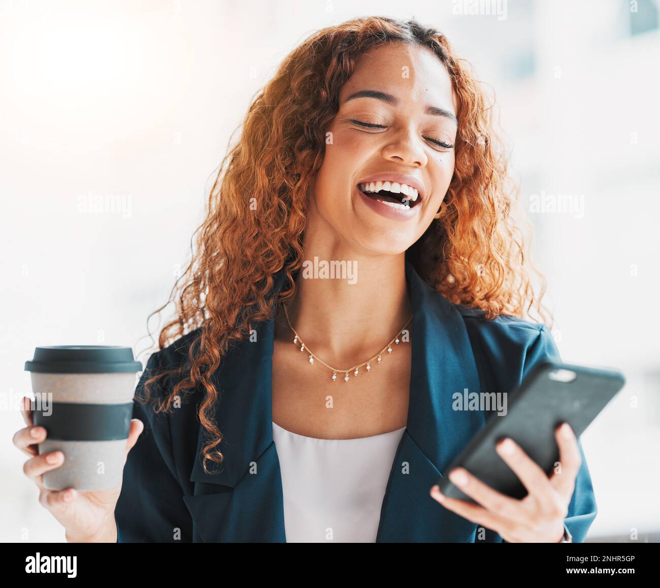 Phone, coffee and laughter with a business black woman laughing at a ...